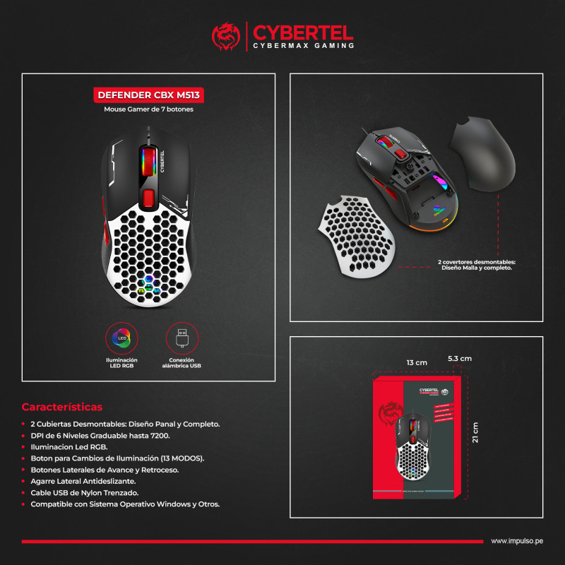 MOUSE GAMER DEFENDER CYB M513 USB 7B RGB 7200DPI CYBERTEL